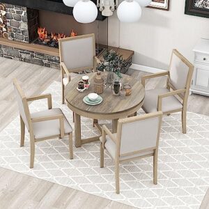 BIADNBZ Table Set for 4 Two-Size Round to Oval Extendable Butterfly Leaf Tabletop and 4 Upholstered Dining Chairs with Armrests for Home&Kitchen, Natural Wood Wash