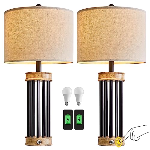 G-SAFAVA 24" USB A+C 3-Way Dimmable Touch Control Industrial Table Lamp Set of 2 for Living Room Nightstand Beside Lamps for Bedroom(Include Two Bulbs)