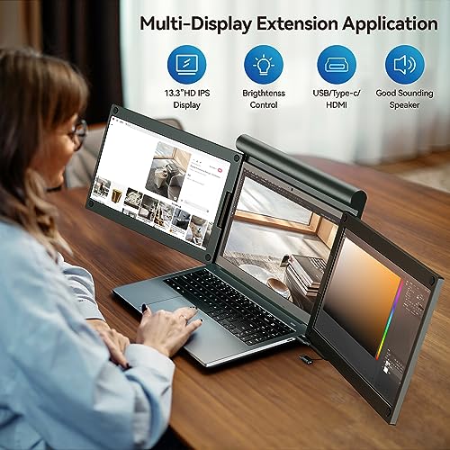 JIJIBONG Laptop Screen Extender 13.3" FHD IPS Triple Monitor Display with USB-A/Type-C Plug-and-Play, Compatible with Windows, Mac and Switch, Fits 11.6”-15” Laptops