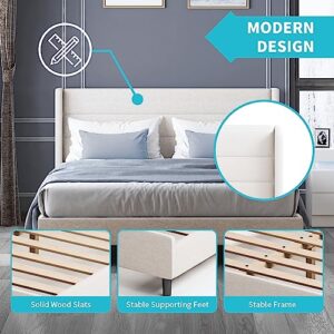 CECER King Size Platform Bed Frame with Upholstered Headboard, Bed Frame with Strong Wooden Slats, Strong Weight Capacity, No Box Spring Needed, Easy Assembly, Beige