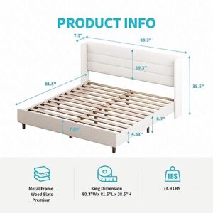 CECER King Size Platform Bed Frame with Upholstered Headboard, Bed Frame with Strong Wooden Slats, Strong Weight Capacity, No Box Spring Needed, Easy Assembly, Beige