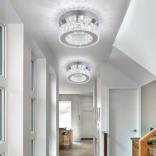 Zenouidle Modern Crystal Chandelier Small Flush Mount Ceiling Light Fixture LED Crystal Ceiling Light for Dining Room Bedroom Living Room Hallway (Cool White)