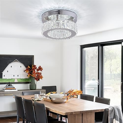 Zenouidle Modern Crystal Chandelier Small Flush Mount Ceiling Light Fixture LED Crystal Ceiling Light for Dining Room Bedroom Living Room Hallway (Cool White)