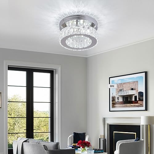 Zenouidle Modern Crystal Chandelier Small Flush Mount Ceiling Light Fixture LED Crystal Ceiling Light for Dining Room Bedroom Living Room Hallway (Cool White)