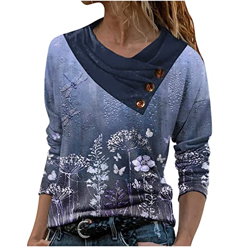 X-F58 Royal Blue Women Tshirts Gradient Dragonfly Floral Graphic Loose Fit Long Tops Tee for Women Drop Shoulder Skew Cowl Neck Lounge Fall Summer Shirts Button Up 2023 Clothes QT S