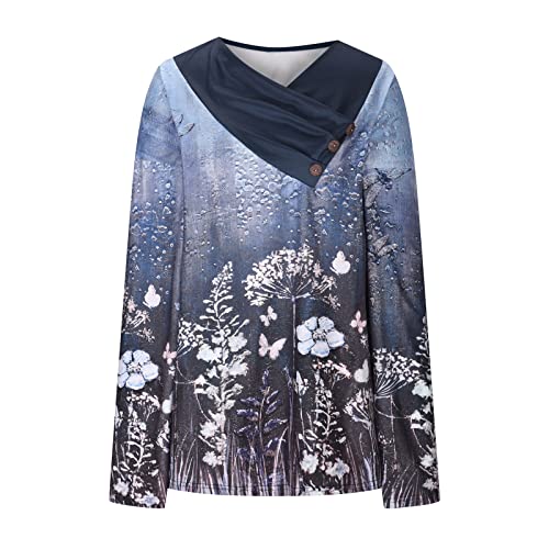 X-F58 Royal Blue Women Tshirts Gradient Dragonfly Floral Graphic Loose Fit Long Tops Tee for Women Drop Shoulder Skew Cowl Neck Lounge Fall Summer Shirts Button Up 2023 Clothes QT S