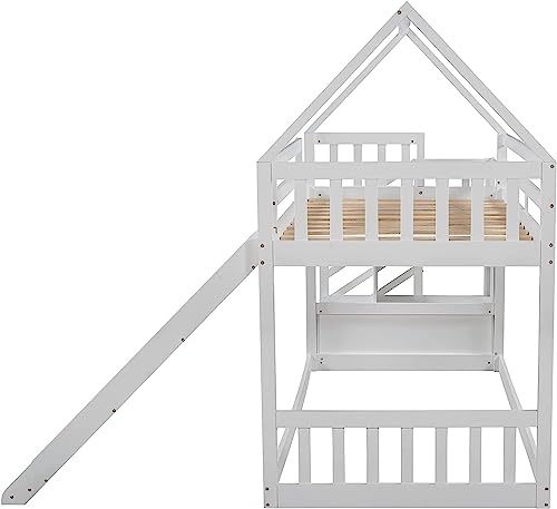 Harper & Bright Designs House Bunk Bed with Stairs,Wooden Kids Bunk Bed Twin Over Twin with Slide, Twin Size Floor Bunk Bed for Girls Boys, No Box Spring Needed, White