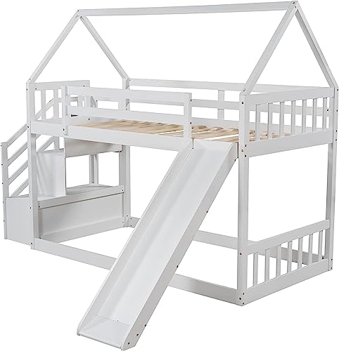 Harper & Bright Designs House Bunk Bed with Stairs,Wooden Kids Bunk Bed Twin Over Twin with Slide, Twin Size Floor Bunk Bed for Girls Boys, No Box Spring Needed, White