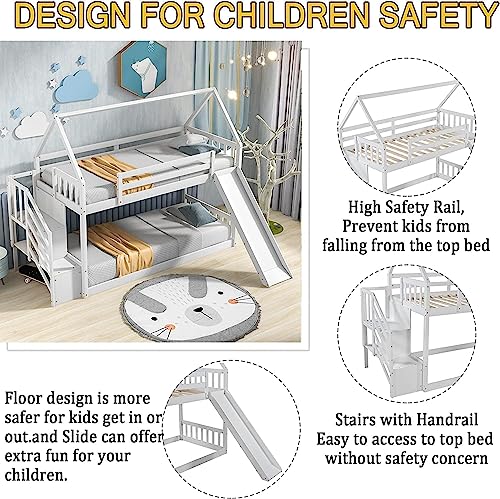 Harper & Bright Designs House Bunk Bed with Stairs,Wooden Kids Bunk Bed Twin Over Twin with Slide, Twin Size Floor Bunk Bed for Girls Boys, No Box Spring Needed, White