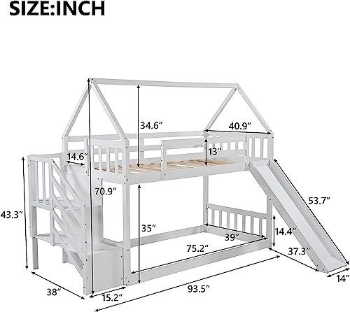 Harper & Bright Designs House Bunk Bed with Stairs,Wooden Kids Bunk Bed Twin Over Twin with Slide, Twin Size Floor Bunk Bed for Girls Boys, No Box Spring Needed, White