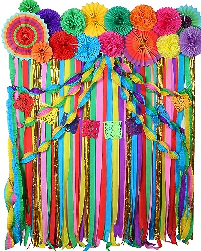 TaoBary Mexican Paper Flowers Mexican Party Decorations Ruffled Streamers Backdrop Foil Curtain Papel Picado Banner Mexico Fiesta Party Decorations for Cinco De Mayo Party Wedding (Fan Flower)