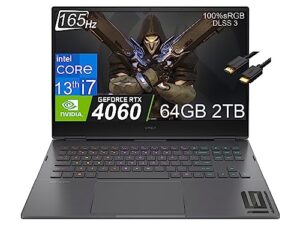 hp omen 16 gaming laptop (2023) 16.1" fhd 165hz (intel 16-core i7-13700hx, 64g ddr5 ram, 2tb ssd, rtx 4060 8gb) rgb backlit, thuderbolt 4, wifi 6e, ist cable, win11 home, mica silver