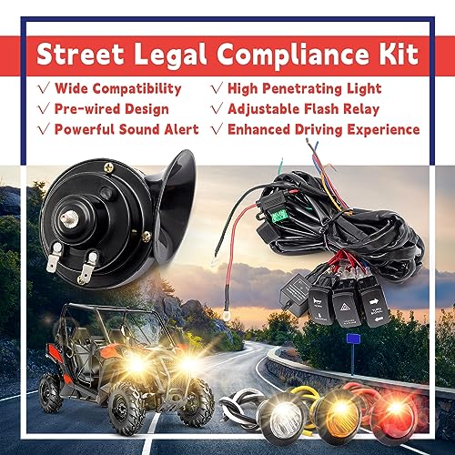 Pre-wired ATV UTV Turn Signal Kit, Universal Dirt Bike Street Legal Kit with Horn Reverse Hazard Turn Light Rocker Switch & Flasher Relay Fuse, Side by Side Blinker Kit for Polaris Can-Am Golf Cart