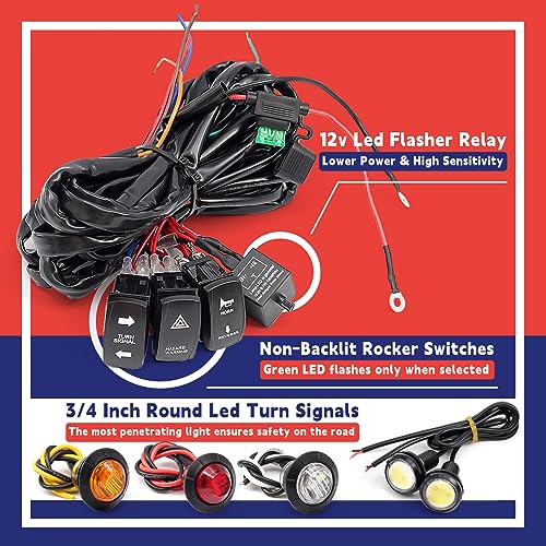 Pre-wired ATV UTV Turn Signal Kit, Universal Dirt Bike Street Legal Kit with Horn Reverse Hazard Turn Light Rocker Switch & Flasher Relay Fuse, Side by Side Blinker Kit for Polaris Can-Am Golf Cart