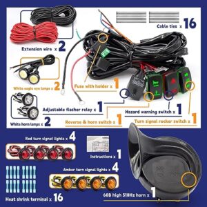 Pre-wired ATV UTV Turn Signal Kit, Universal Dirt Bike Street Legal Kit with Horn Reverse Hazard Turn Light Rocker Switch & Flasher Relay Fuse, Side by Side Blinker Kit for Polaris Can-Am Golf Cart