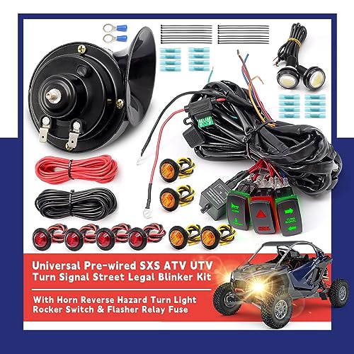 Pre-wired ATV UTV Turn Signal Kit, Universal Dirt Bike Street Legal Kit with Horn Reverse Hazard Turn Light Rocker Switch & Flasher Relay Fuse, Side by Side Blinker Kit for Polaris Can-Am Golf Cart