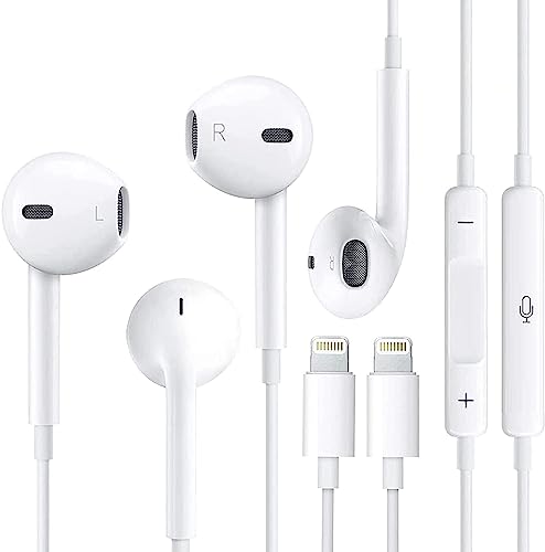 2 Pack Wired Headphones Earbuds with Lightning Connector, Earphones Headsets with Built-in Microphone & Volume Control Compatible with iPhone 14/14 Pro/13/12/11/XR/XS/8/7-All iOS(Apple MFi Certified)