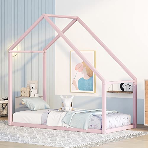 Prohon Montessori Bed for Girls & Boys, Twin Size Toddler Floor Bed Metal Bed Frame, Floor Beds Twin with Fence Rails & Roof Design, No Box Spring Needed, Pink