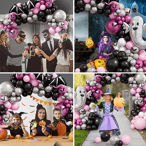 Bonropin 179pcs Pink Halloween Balloon Garland Arch Kit with Black Pink Silver Balloons Ghost Bat Foil Balloons 3D Bat Sticker for Girls Pink Halloween Decoration Birthday Baby Shower Party Supplies