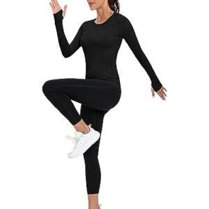 2 Pieces Women Long Sleeve Workout Shirt Seamless Workout Shirts with Thumb Holes Fitted Top Sports Yoga Athletic Shirt Top(Black, Gray, Medium)