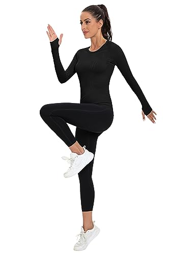 2 Pieces Women Long Sleeve Workout Shirt Seamless Workout Shirts with Thumb Holes Fitted Top Sports Yoga Athletic Shirt Top(Black, Gray, Medium)