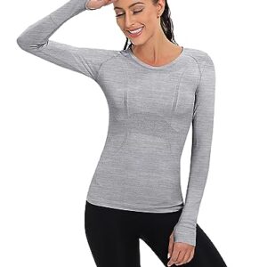 2 Pieces Women Long Sleeve Workout Shirt Seamless Workout Shirts with Thumb Holes Fitted Top Sports Yoga Athletic Shirt Top(Black, Gray, Medium)