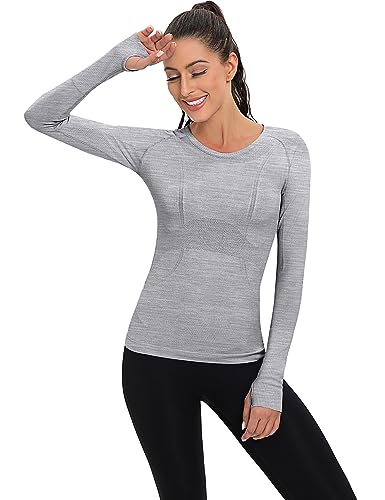 2 Pieces Women Long Sleeve Workout Shirt Seamless Workout Shirts with Thumb Holes Fitted Top Sports Yoga Athletic Shirt Top(Black, Gray, Medium)