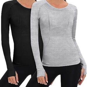 2 Pieces Women Long Sleeve Workout Shirt Seamless Workout Shirts with Thumb Holes Fitted Top Sports Yoga Athletic Shirt Top(Black, Gray, Medium)