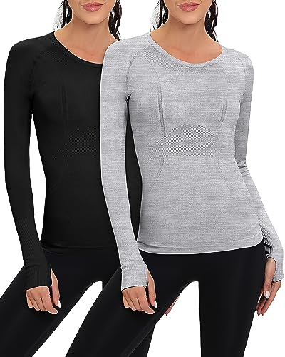 2 Pieces Women Long Sleeve Workout Shirt Seamless Workout Shirts with Thumb Holes Fitted Top Sports Yoga Athletic Shirt Top(Black, Gray, Medium)