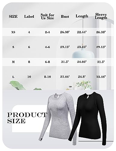 2 Pieces Women Long Sleeve Workout Shirt Seamless Workout Shirts with Thumb Holes Fitted Top Sports Yoga Athletic Shirt Top(Black, Gray, Medium)