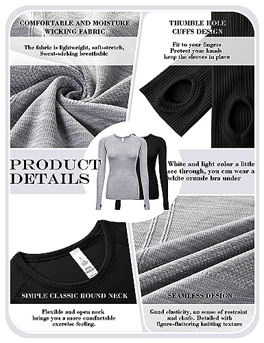 2 Pieces Women Long Sleeve Workout Shirt Seamless Workout Shirts with Thumb Holes Fitted Top Sports Yoga Athletic Shirt Top(Black, Gray, Medium)