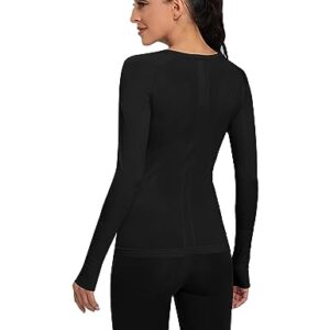 2 Pieces Women Long Sleeve Workout Shirt Seamless Workout Shirts with Thumb Holes Fitted Top Sports Yoga Athletic Shirt Top(Black, Gray, Medium)