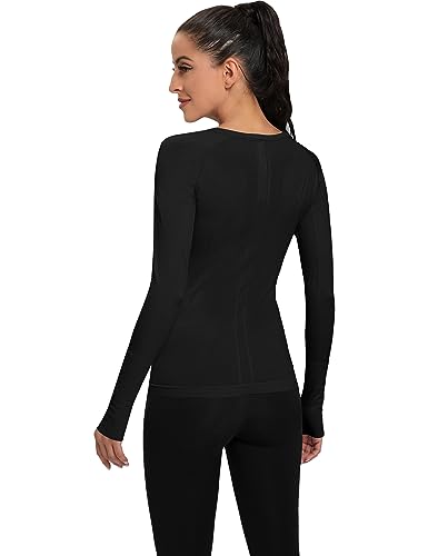 2 Pieces Women Long Sleeve Workout Shirt Seamless Workout Shirts with Thumb Holes Fitted Top Sports Yoga Athletic Shirt Top(Black, Gray, Medium)