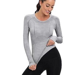 2 Pieces Women Long Sleeve Workout Shirt Seamless Workout Shirts with Thumb Holes Fitted Top Sports Yoga Athletic Shirt Top(Black, Gray, Medium)