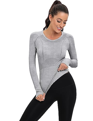 2 Pieces Women Long Sleeve Workout Shirt Seamless Workout Shirts with Thumb Holes Fitted Top Sports Yoga Athletic Shirt Top(Black, Gray, Medium)