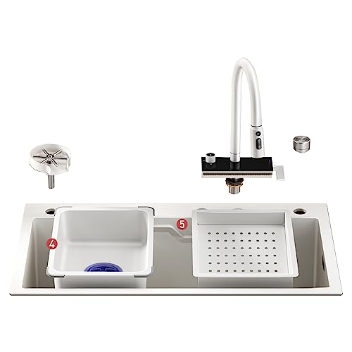 MBROS Kitchen Sink, 304nm Stainless Steel Household Sink Under The Counter, White Digital Display Flying rain Waterfall Large Single Sink, Pull Out hot and Cold Water Faucet (Color : B62, Size :