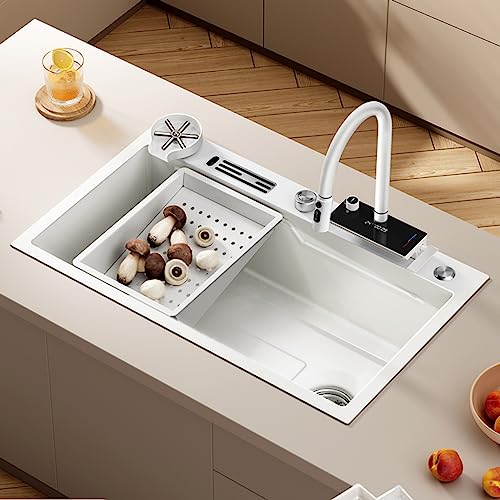 MBROS Kitchen Sink, 304nm Stainless Steel Household Sink Under The Counter, White Digital Display Flying rain Waterfall Large Single Sink, Pull Out hot and Cold Water Faucet (Color : B62, Size :