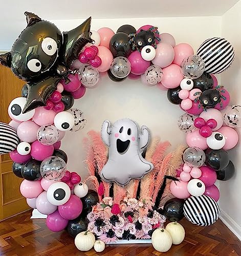 Pink Halloween Party Decorations for Girls, 139PCS Pink Black Purple Balloons Arch Kit with Bat Ghost Spider Mylar Balloon for Girls Kids Halloween Birthday Baby Shower Party Supplies…