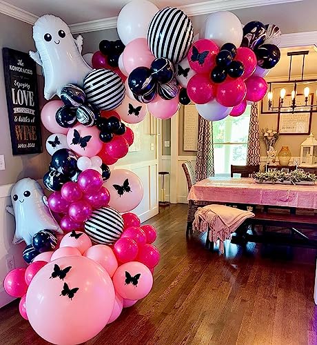 Pink Halloween Party Decorations for Girls, 139PCS Pink Black Purple Balloons Arch Kit with Bat Ghost Spider Mylar Balloon for Girls Kids Halloween Birthday Baby Shower Party Supplies…