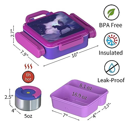 HAIXIN Bento Box for Kids - Insulated Lunch Box with Thermos for Hot Food, Leak-proof Kids Lunch Box with Cutlery and Snack Box, 4-Compartments Lunch Container for School Outdoors Office (Purple)