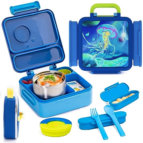 HAIXIN Bento Box for Kids - Insulated Lunch Box with Thermos for Hot Food, Leak-proof Kids Lunch Box with Cutlery and Snack Box, 4-Compartments Lunch Container for School Outdoors Office (Blue)