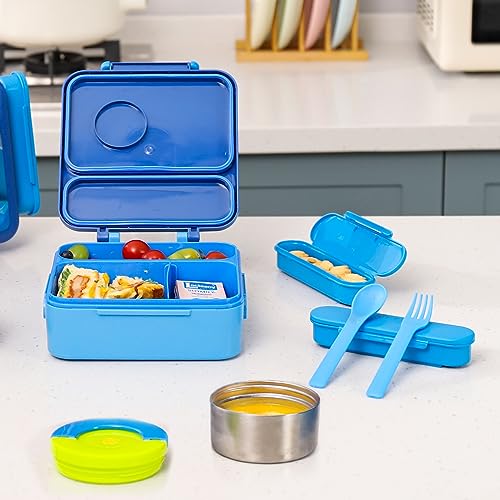 HAIXIN Bento Box for Kids - Insulated Lunch Box with Thermos for Hot Food, Leak-proof Kids Lunch Box with Cutlery and Snack Box, 4-Compartments Lunch Container for School Outdoors Office (Blue)