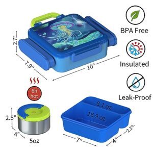 HAIXIN Bento Box for Kids - Insulated Lunch Box with Thermos for Hot Food, Leak-proof Kids Lunch Box with Cutlery and Snack Box, 4-Compartments Lunch Container for School Outdoors Office (Blue)