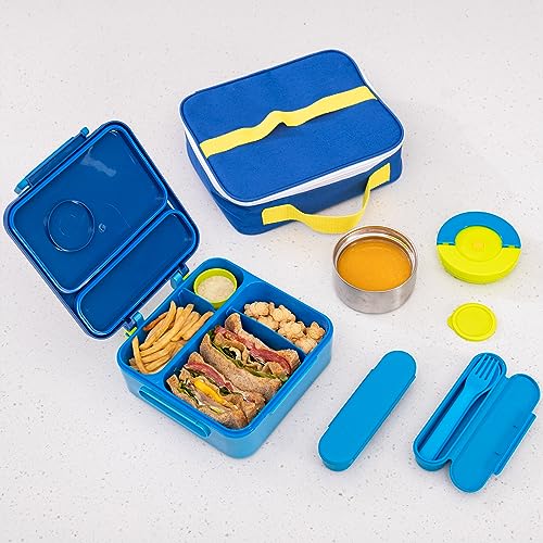 HAIXIN Bento Box for Kids - Insulated Lunch Box with Thermos for Hot Food, Leak-proof Kids Lunch Box with Cutlery and Snack Box, 4-Compartments Lunch Container for School Outdoors Office (Blue)