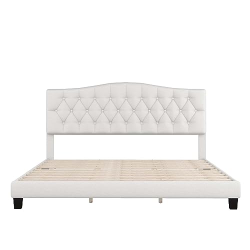 GERDIOEB Queen Full King Size Bed Frame, Upholstered Platform Bed with Saddle Curved Headboard & Diamond Tufted Details, Wood Slat Support, No Box Spring Needed for Bedroom Boys Girls, Beige (King)