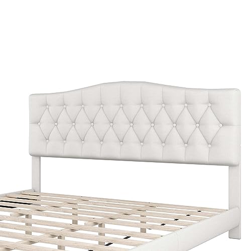 GERDIOEB Queen Full King Size Bed Frame, Upholstered Platform Bed with Saddle Curved Headboard & Diamond Tufted Details, Wood Slat Support, No Box Spring Needed for Bedroom Boys Girls, Beige (King)