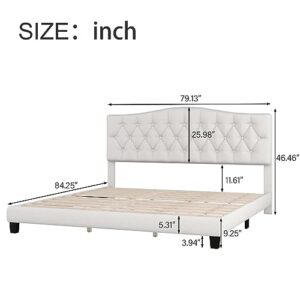 GERDIOEB Queen Full King Size Bed Frame, Upholstered Platform Bed with Saddle Curved Headboard & Diamond Tufted Details, Wood Slat Support, No Box Spring Needed for Bedroom Boys Girls, Beige (King)