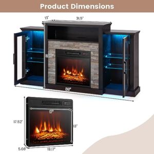 Tangkula Electric Fireplace TV Stand, Electric Fireplace Mantel with 16-Color Led Lights, Adjustable Glass Shelves, Remote & Smart APP Control, TV Console for Living Room (Black)