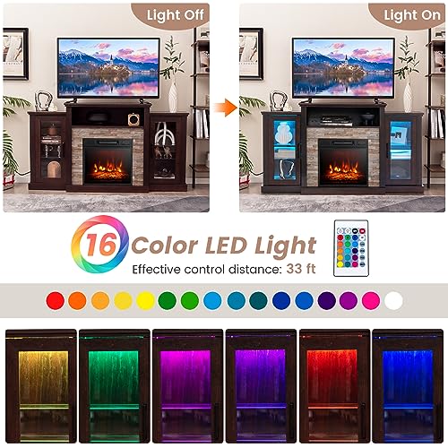 Tangkula Electric Fireplace TV Stand, Electric Fireplace Mantel with 16-Color Led Lights, Adjustable Glass Shelves, Remote & Smart APP Control, TV Console for Living Room (Black)