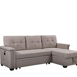 GLANZEND L-Shape Reversible Sectional Sofa with Storage Chaise, Linen Couch Pull Out Sleeper Bed with USB Charging Ports and Side Pocket for Living Room, Apartment, Dorm, Light Gray, 57Inch